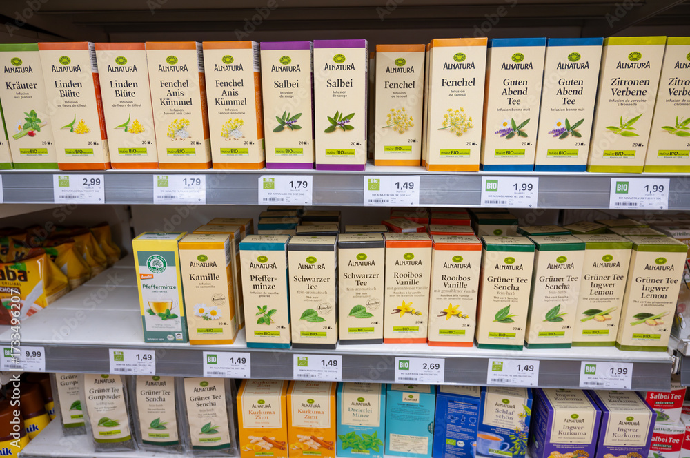 Tea assortment at store shelves in supermarket in Trier, Germany ...