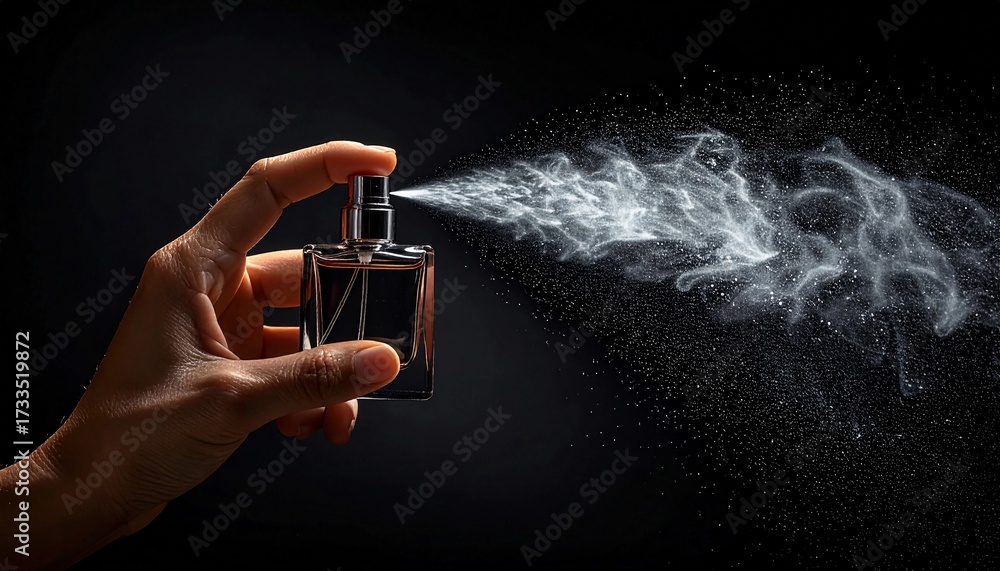 Luxury and scent concept with a hand spraying an aerosol perfume ...