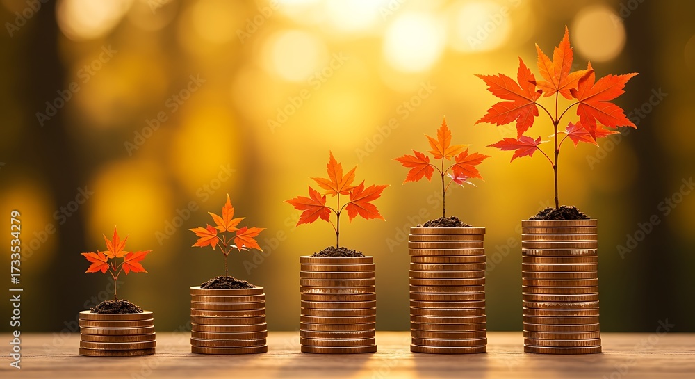 Five stacks of gold coins with growing maple saplings in autumn growth ...