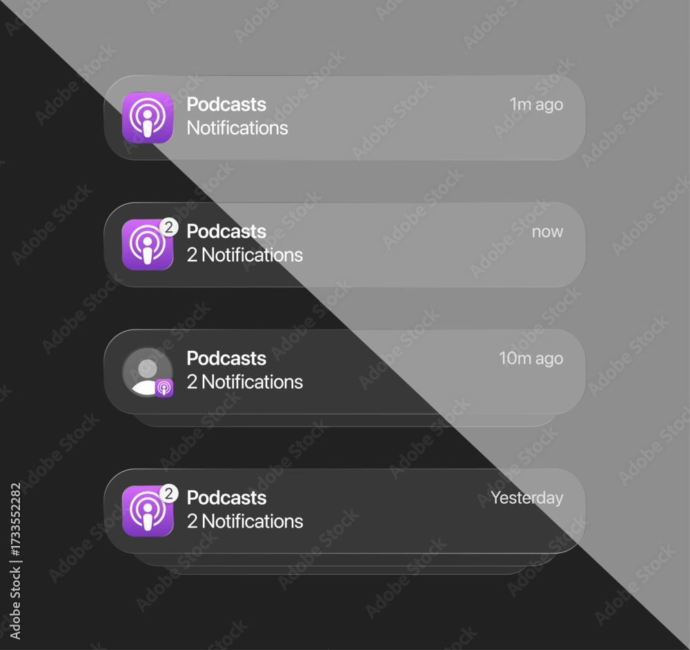 Apple Podcast iOS 26 new update with liquid glass notifications. Modern ...