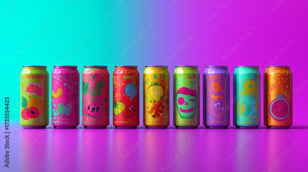 Lineup of Ten Retro Pop Art Soda Cans on Neon Gradient Background Stock ...