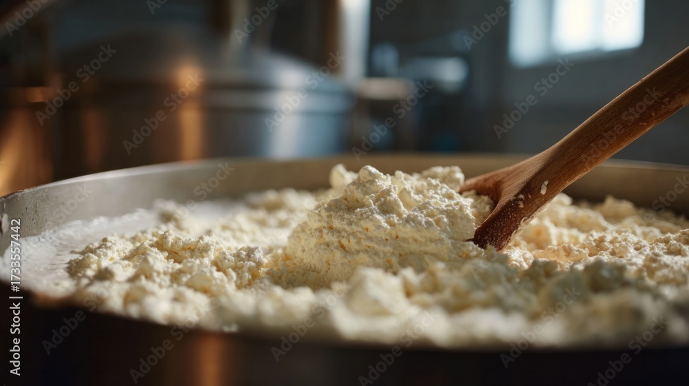 Rustic curdling cheese cauldron, wooden ladle stirring creamy curds ...