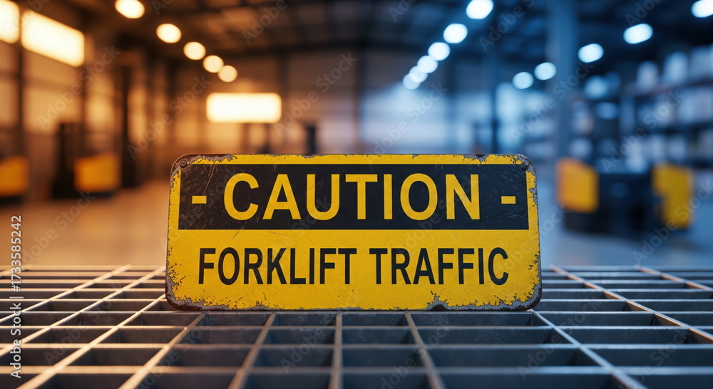Caution sign warning of forklift traffic in warehouse, promoting ...