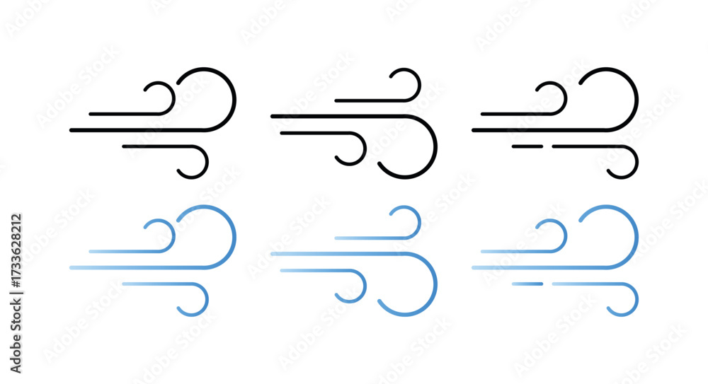 Vector de Stock Fast Wind Blow Icons, Airflow Speed Breeze Vector Line ...