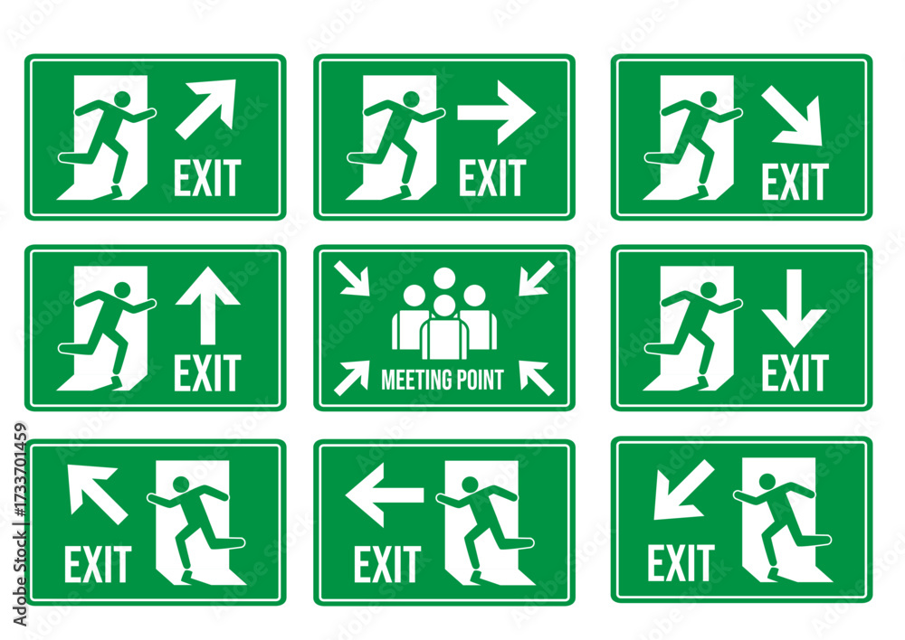 Collection of emergency exit signs displaying various exit directions ...