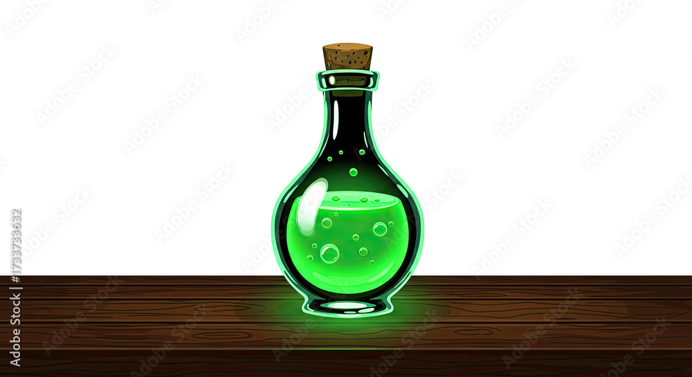 Glowing green potion in a vintage glass bottle with cork stopper. Stock ...