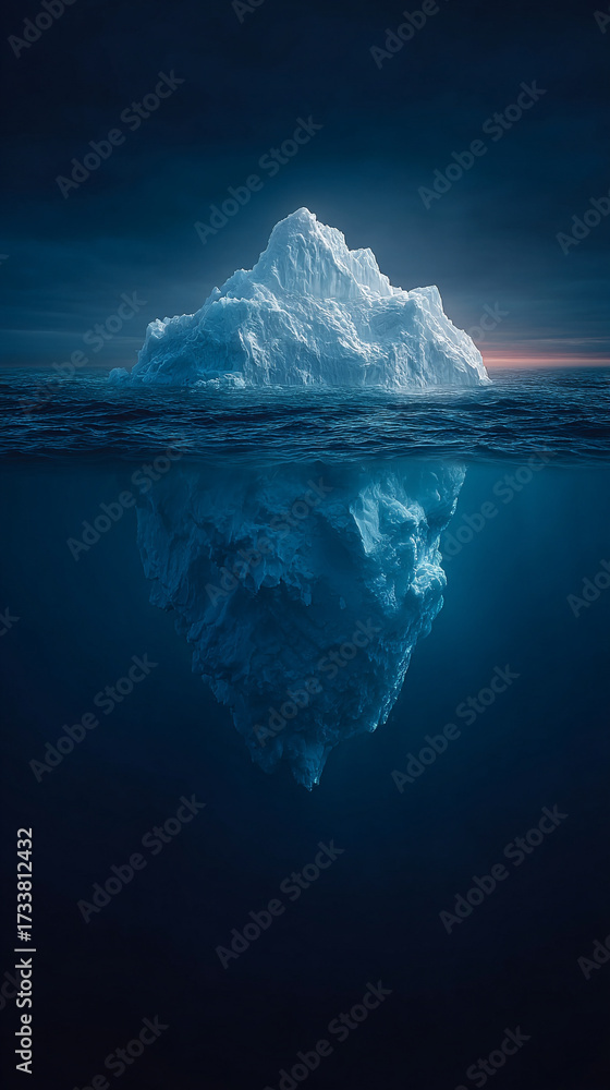 Night view of a floating iceberg with its vast underwater portion ...