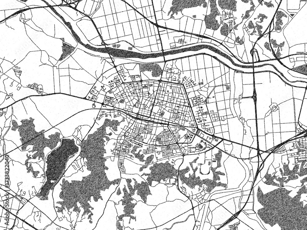 Illustrated city map of Asan, Republic of Korea, in black and white ...