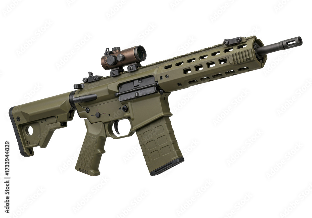 Olive green AR-15 rifle isolated, modern sporting rifle with red dot ...