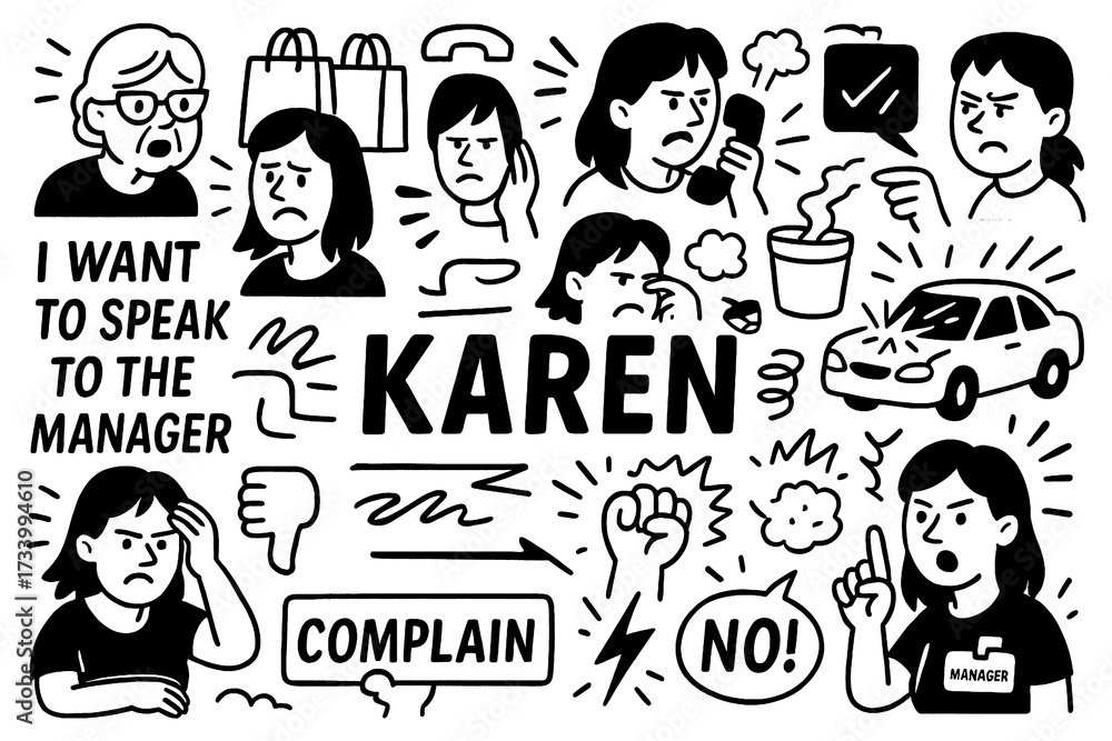 Karen meme doodle composition with angry woman, complaint symbols and ...