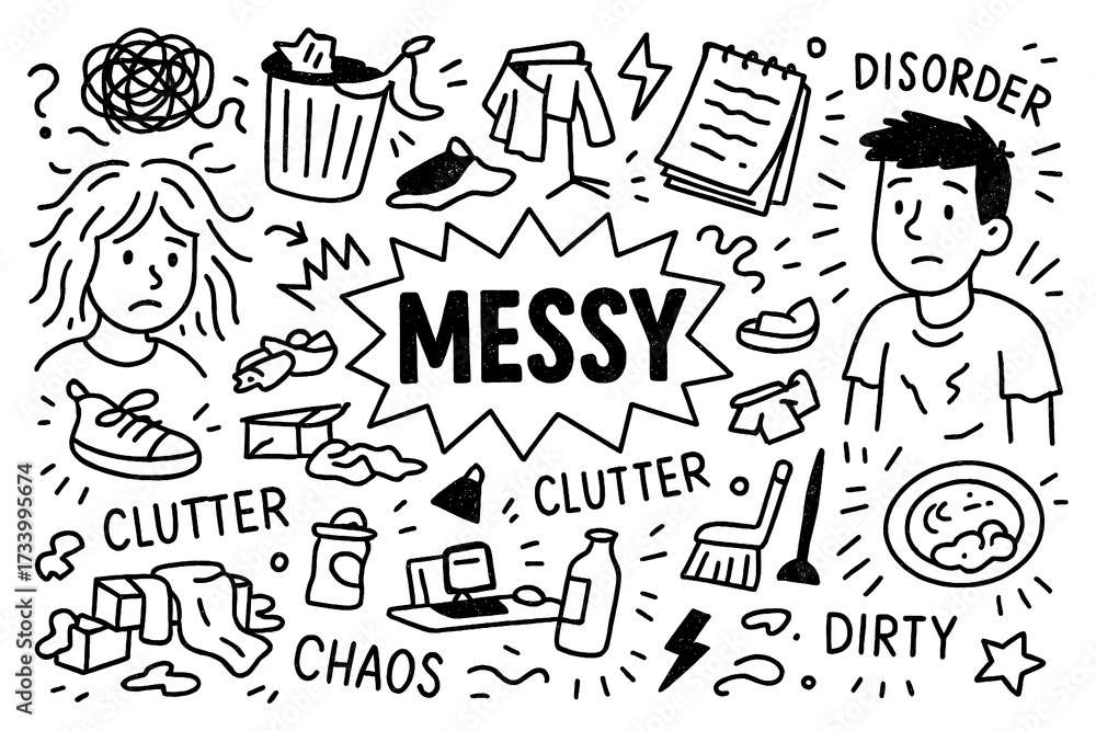 Messy doodle with cluttered room, laundry, trash, dirty objects and ...