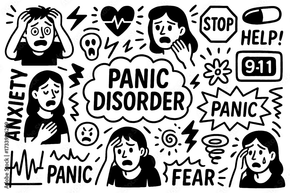 Panic disorder doodle with anxious faces, fear, stress, warning signs ...