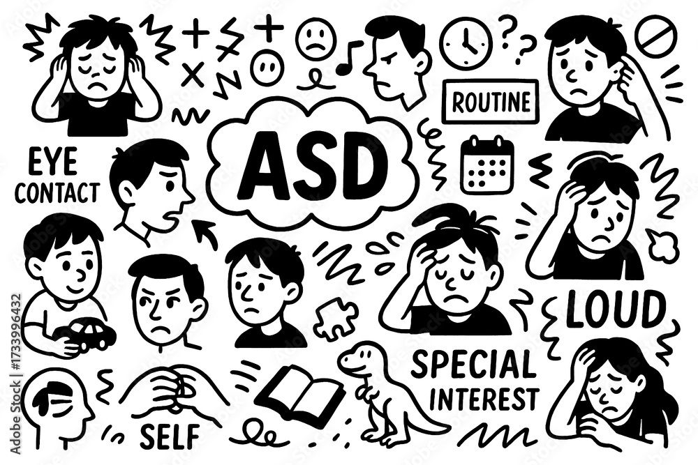 Autism spectrum disorder doodle with routine, special interests, social ...