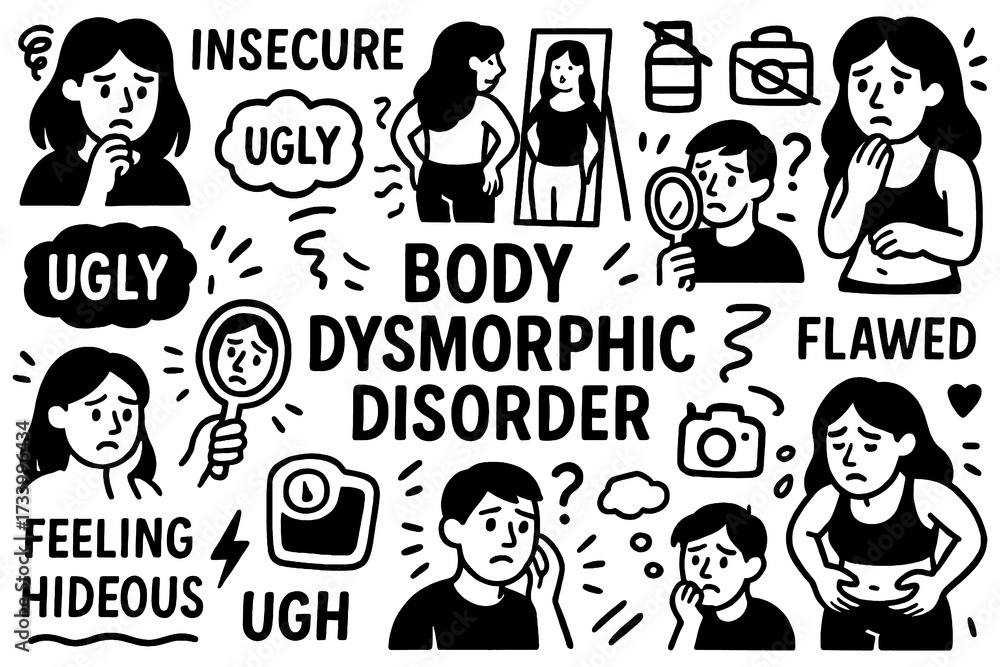 Body dysmorphic disorder doodle with insecurity, mirror reflection ...