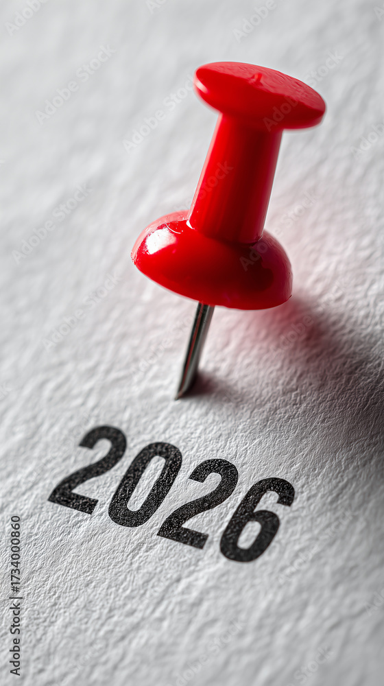 Red pin marks year 2026 on white paper Stock Photo | Adobe Stock