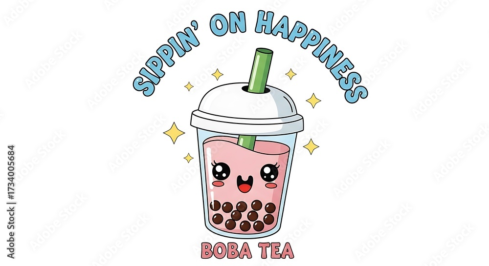 Cute Boba Tea Illustration with Kawaii Face and Sippin on Happiness ...