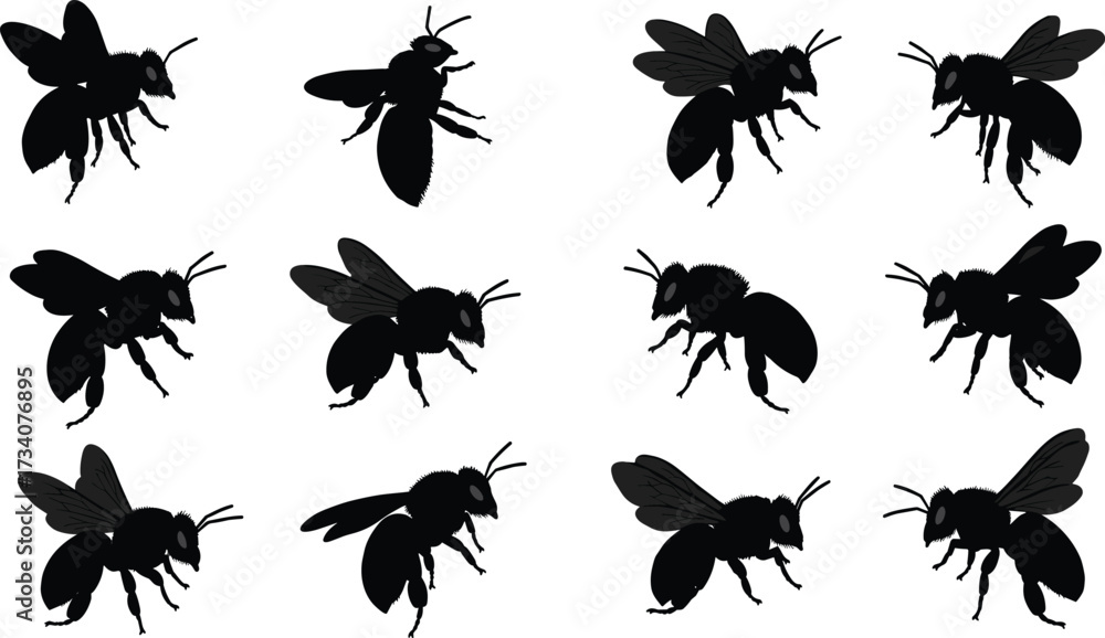 Silhouette bee collection, black insect icons, flying bees vector ...