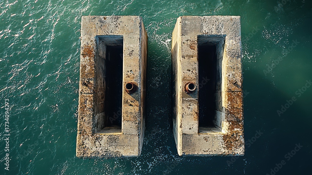 Historic American bascule bridge counterweights aerial view weathered ...