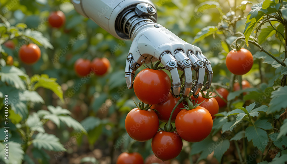Automated robotic hand carefully picking fresh, red tomatoes from a ...