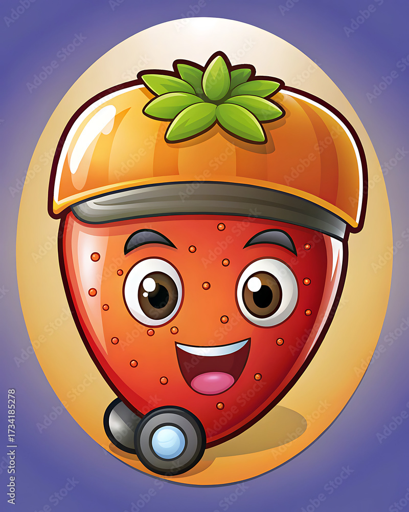 Happy strawberry mascot with leaf cap and bright cheeks, cheerful ...