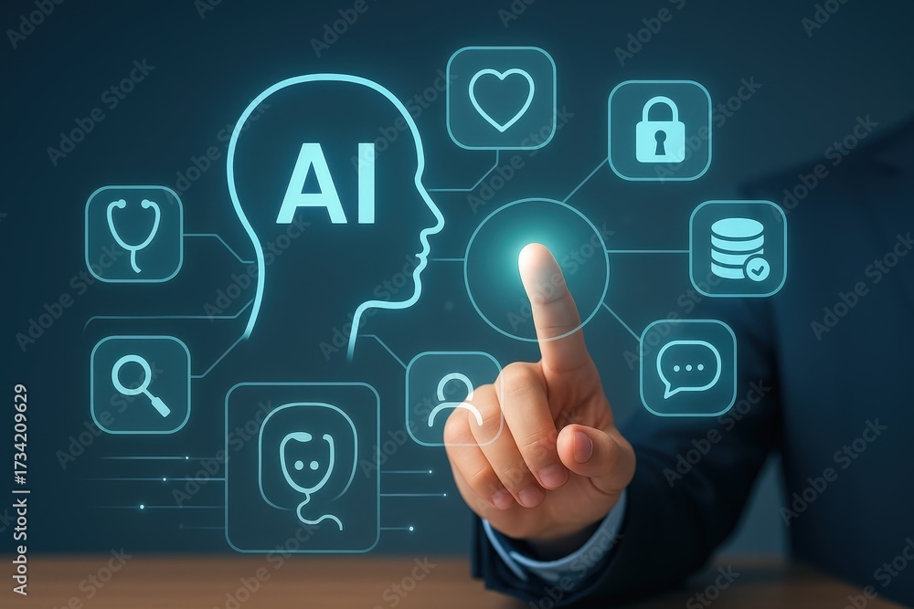 Modern business person interacting with a futuristic AI interface ...