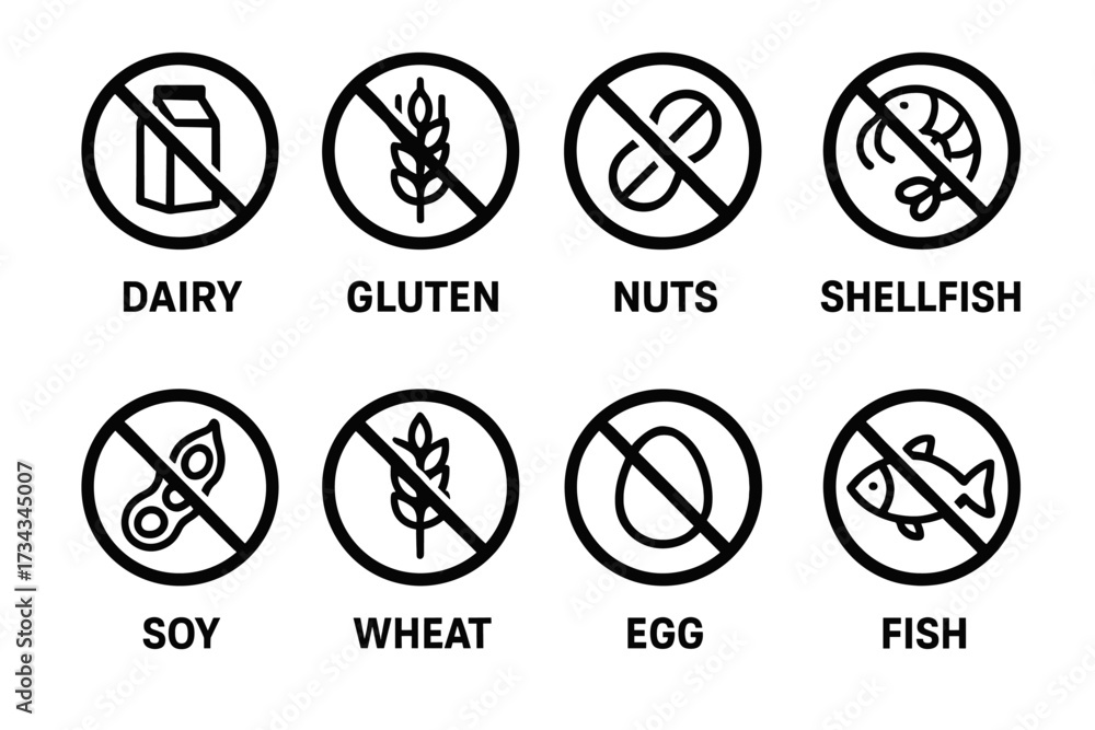 Allergen warning signs: dairy, gluten, nuts, shellfish, soy, wheat, egg ...
