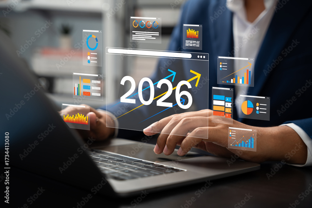 2026 Goals, Businessman analyzing futuristic dashboard data with growth ...