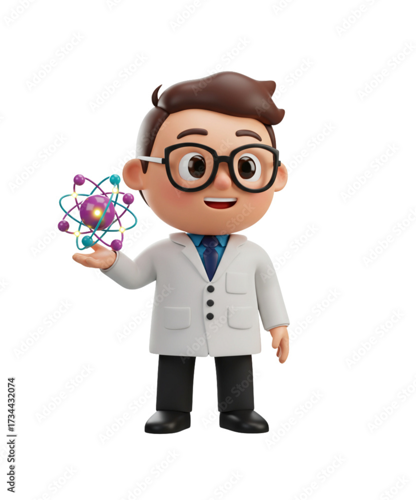 Cartoon Scientist Holding Atomic Model Exploring Scientific Discovery ...