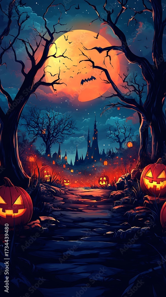 Spooky Halloween night with glowing jack-o'-lanterns, haunted castle ...
