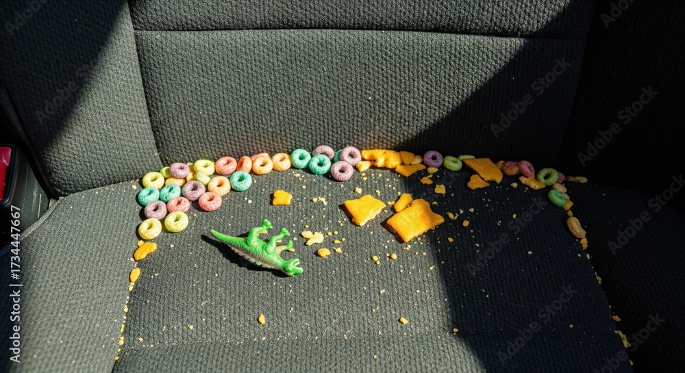 Ilustración de Stock Messy back seat of a family car with spilled ...