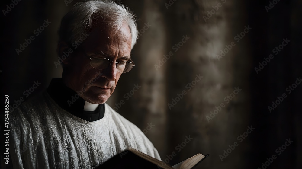 Elderly priest in traditional clerical attire concentrating while ...