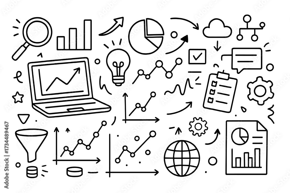 Stockvektorbilden Data analytics doodle icon set. Vector cartoon ...