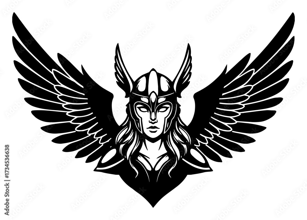 Beautiful Valkyrie with Horned Helmet and Large Wings Black and White ...