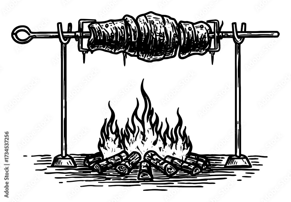 Meat Roasting on a Spit Over Wood Fire Black and White Outline Line Art ...