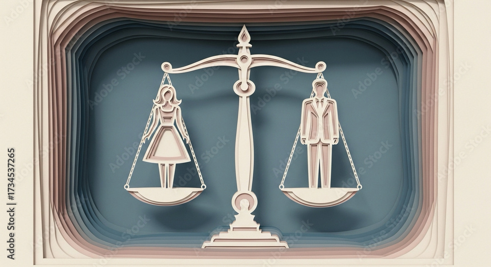 Paper cut artwork of gender equality scale with woman and man balanced ...