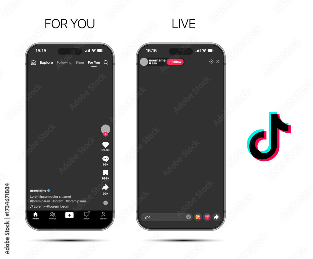 TikTok live stream and video mockup with interactive player, user ...