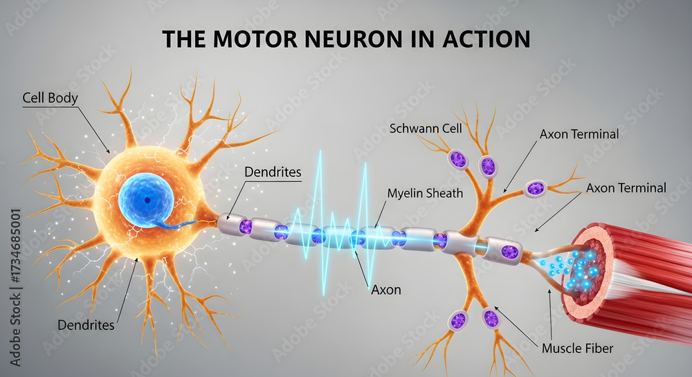 Labeled diagram of a motor neuron and neuromuscular junction. Stock ...