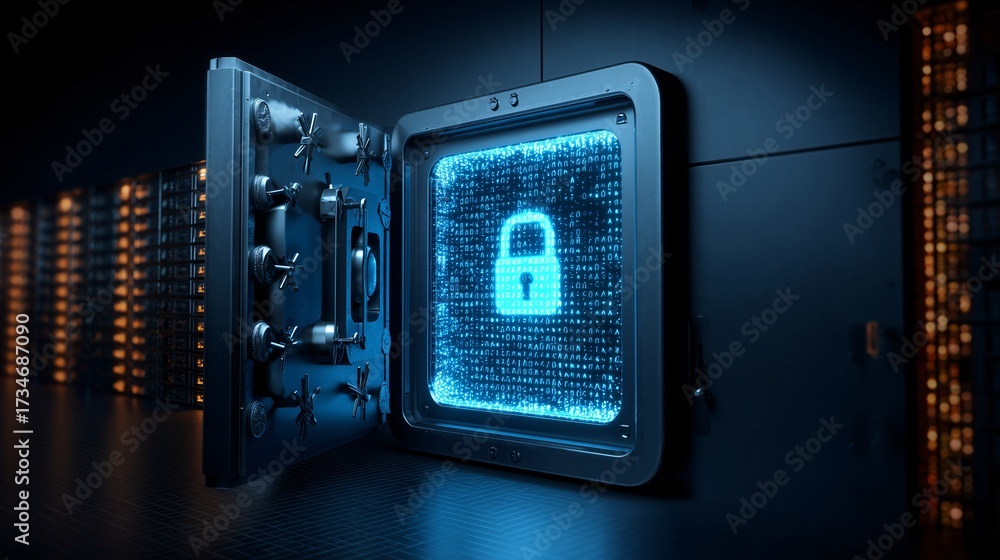 Glowing digital lock is overlayed on bank vault door, symbolizing ...