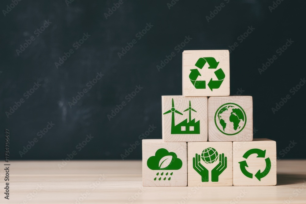Pyramid of wooden blocks with green eco-friendly symbols representing a ...