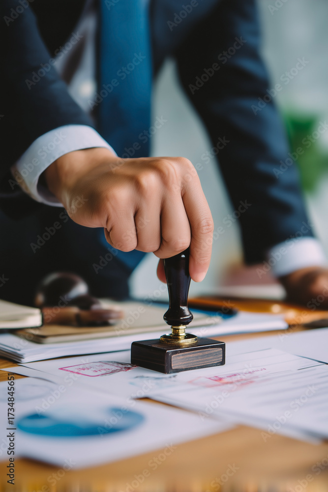 Official document stamping. Man in suit using seal. Approving ...