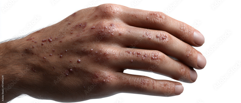 Distressed patient hand shows painful skin rash clear symptom of mpox ...