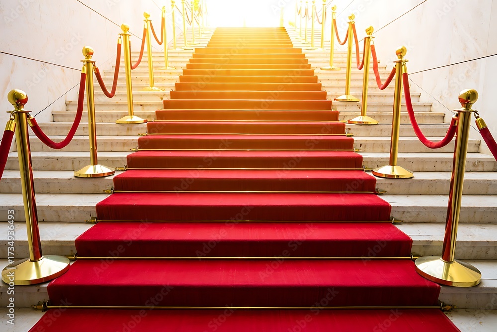 Luxurious red carpet stairs with golden ropes create a glamorous ...