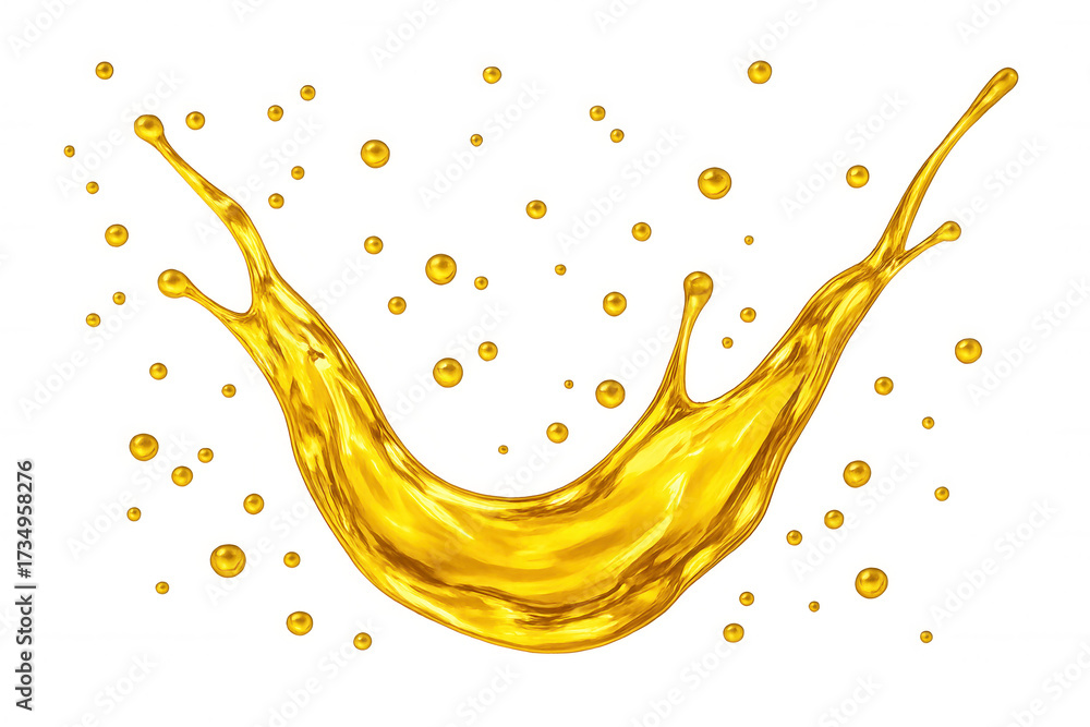 Golden liquid oil splashing, drops and flow on a transparent background ...