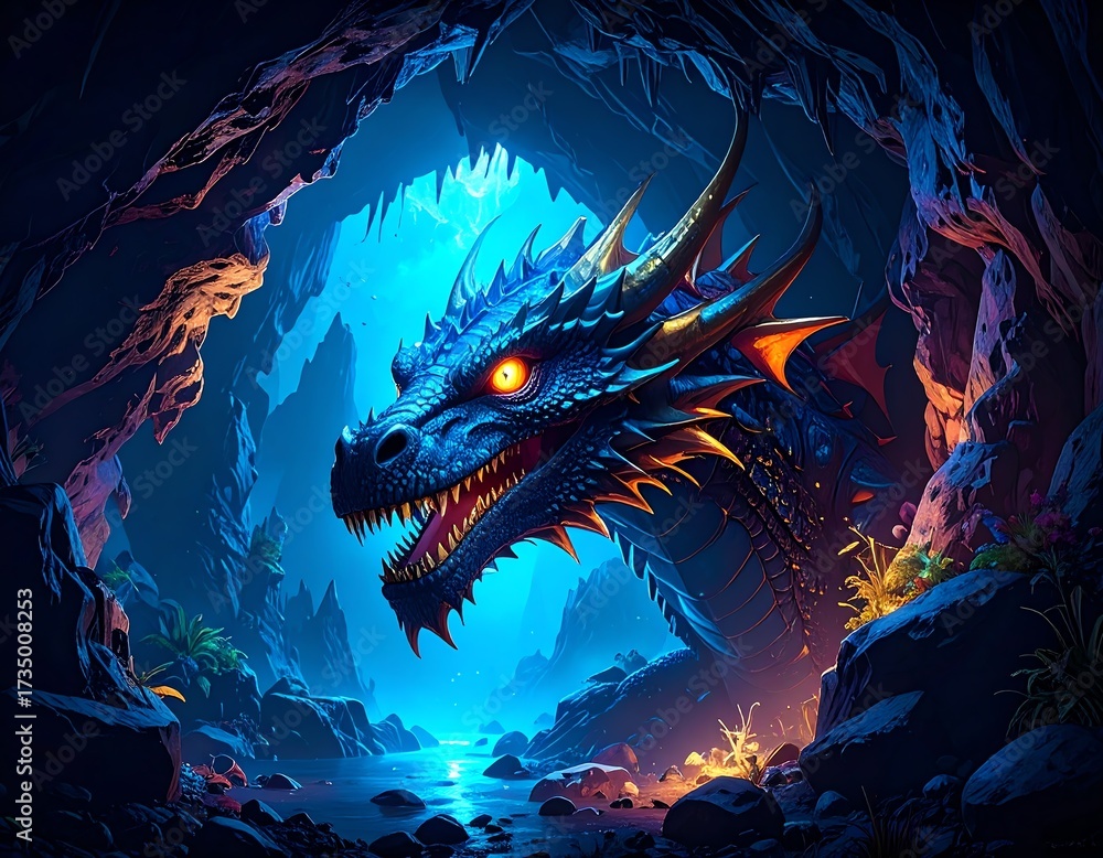 Cartoon, fantasy illustration, Head of a dragon peeking out of a cave ...