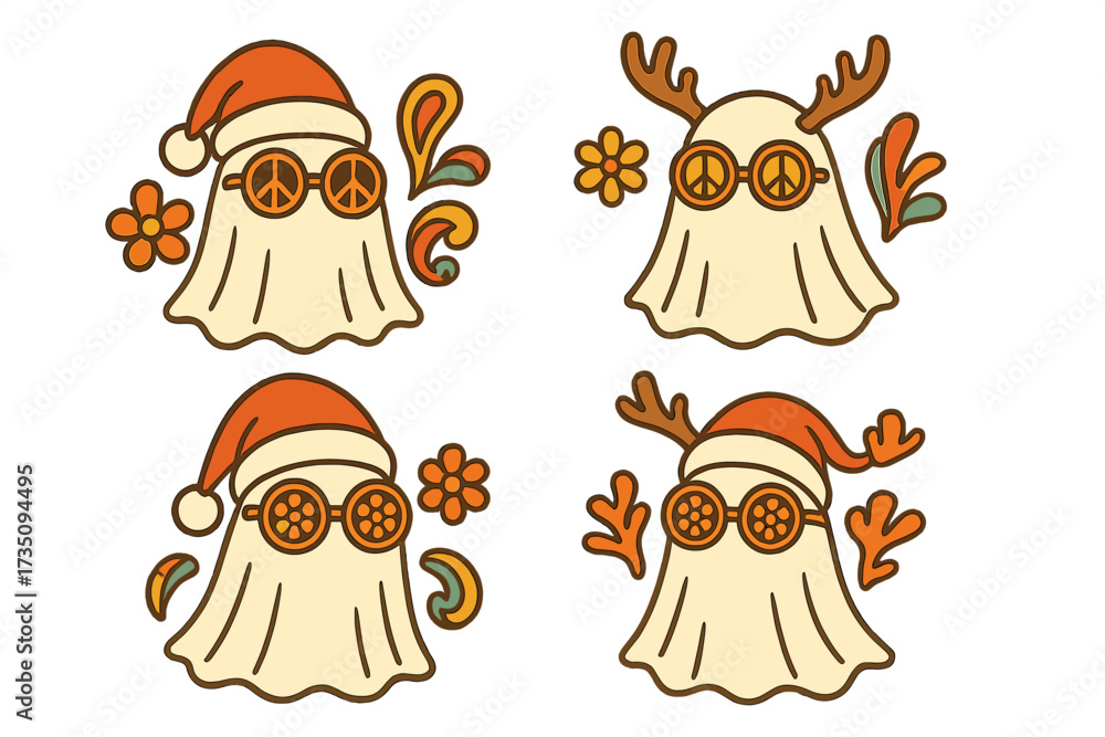 Stock-Vektorgrafik „Groovy Christmas ghost character set. Retro 70s ...