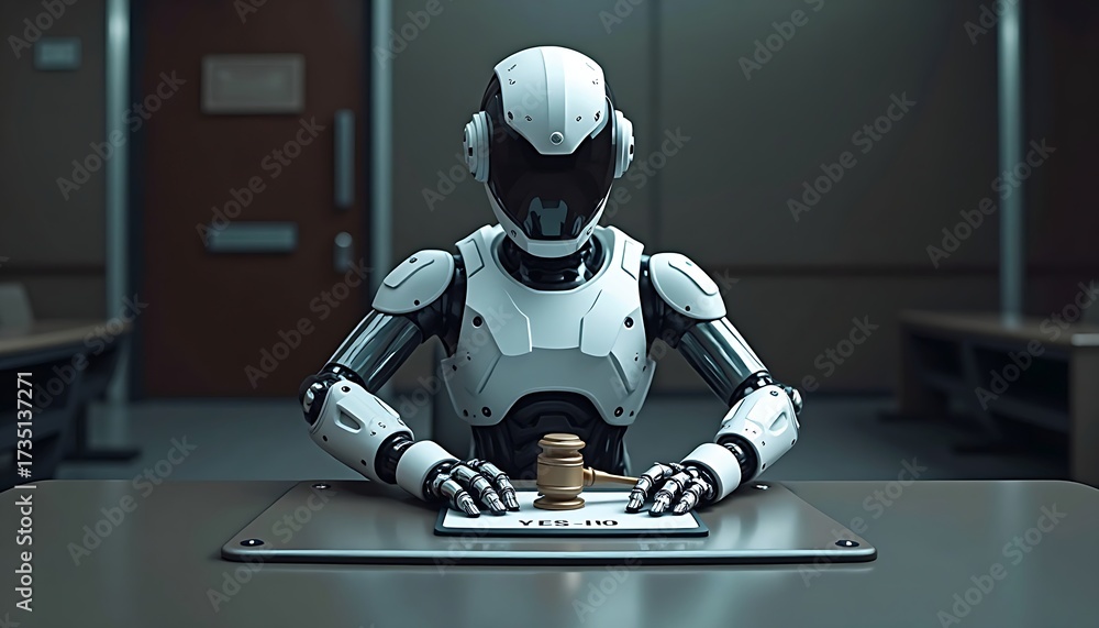 Humanoid Robot Judge Presides over Legal Decision with Gavel and Yes no ...