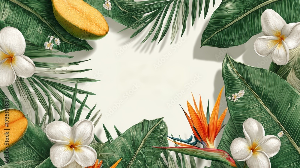 Symmetrical tropical border with palm leaves, frangipani, mango slices ...