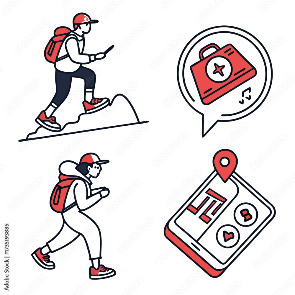 Adventure and navigation icons hikers first aid kit and gps map ...