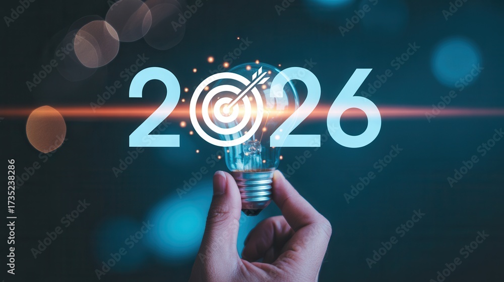 Ignite your 2026 goals with a bright idea, holding a glowing lightbulb ...