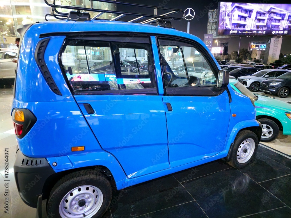 Cairo, Egypt, September 29 2025: Blue color The Bajaj Qute is India's ...